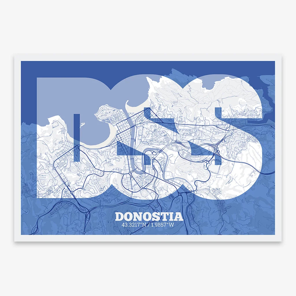 Map of Donostia silhouetted by letters EAS. Donostia Poster V02 – LetraMap