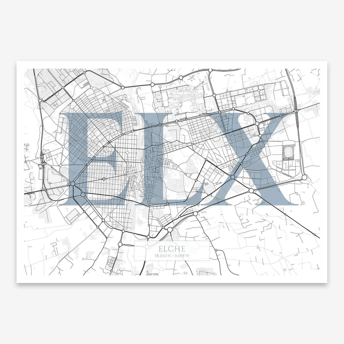 Map of Elche silhouetted by letters ELX. Elche Poster V06